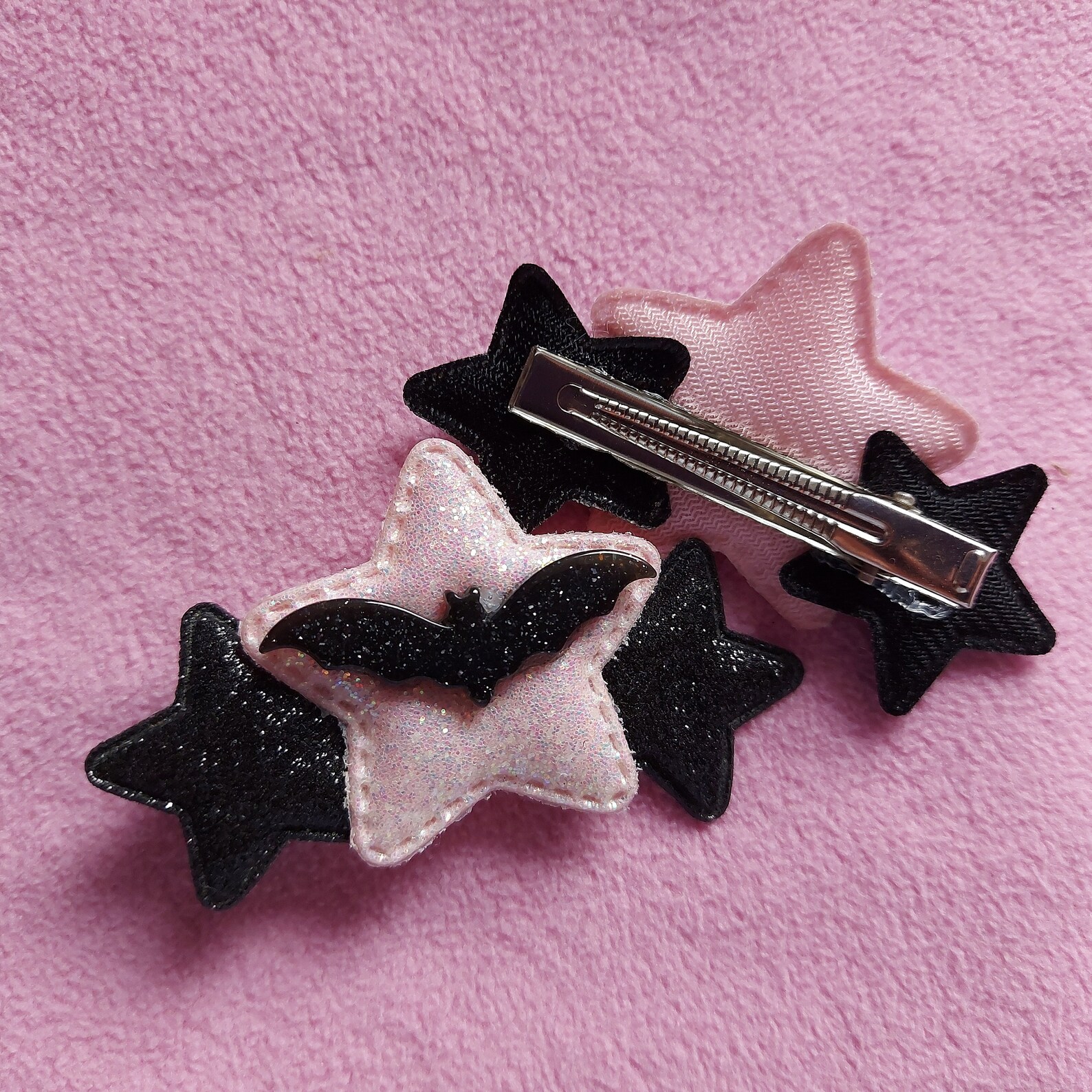 Kawaii Cute Shimmer Pink Black Bat Star Fabric Hairclips - Etsy