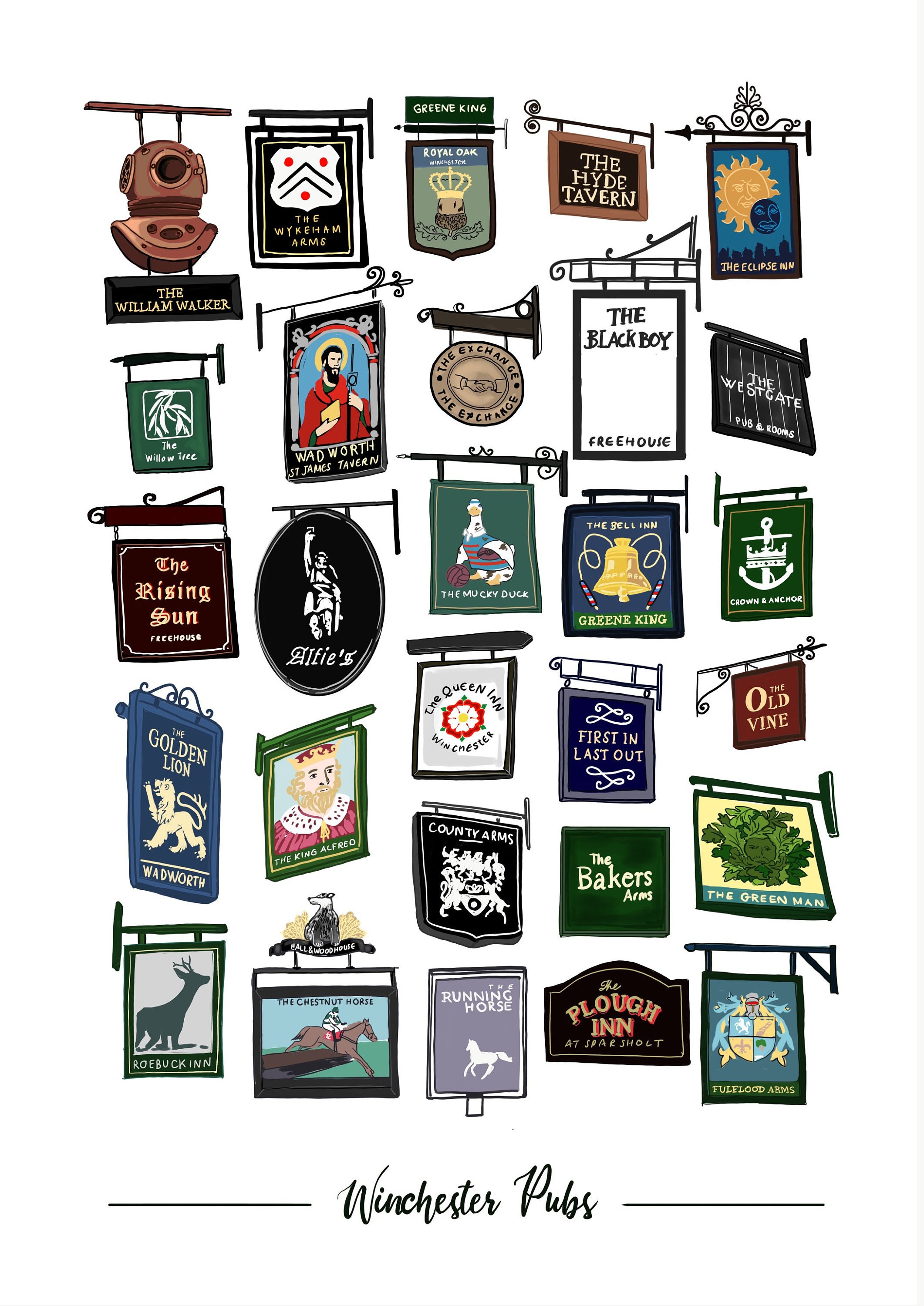 Illustrated Pub Signs Print Edinburgh / Winchester / - Etsy