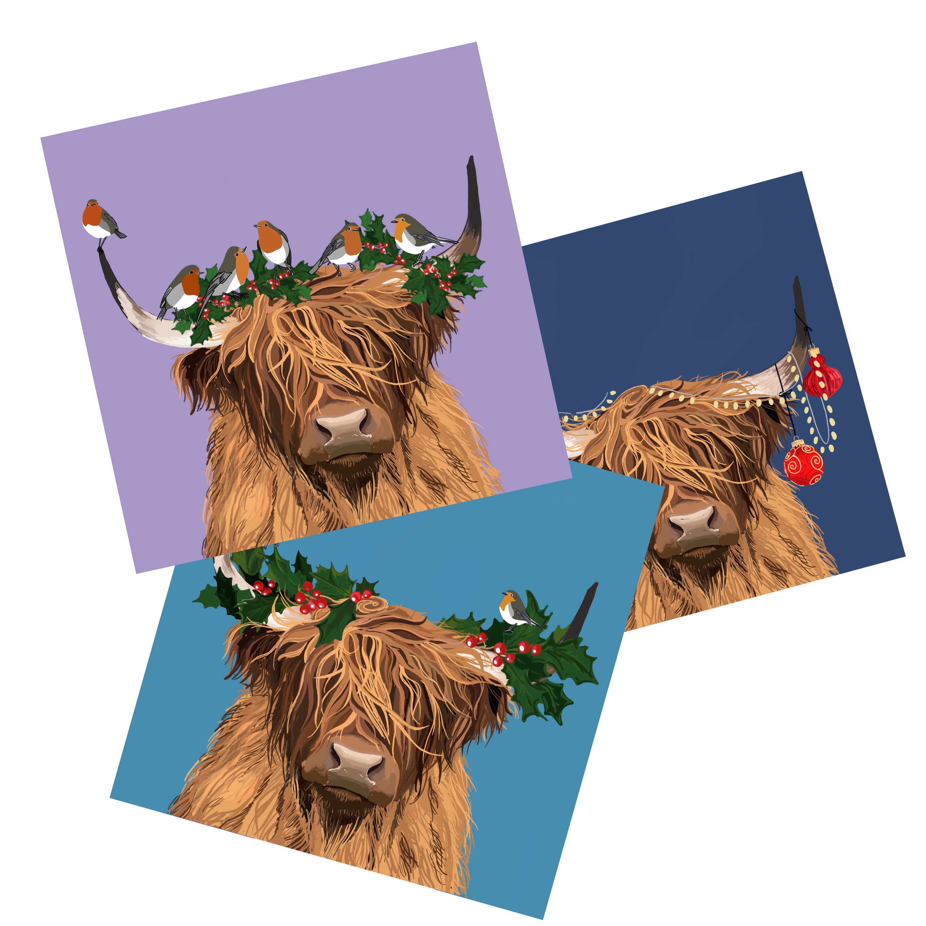 Highland Cow Christmas Cards Holly & 2 Robins - Etsy UK