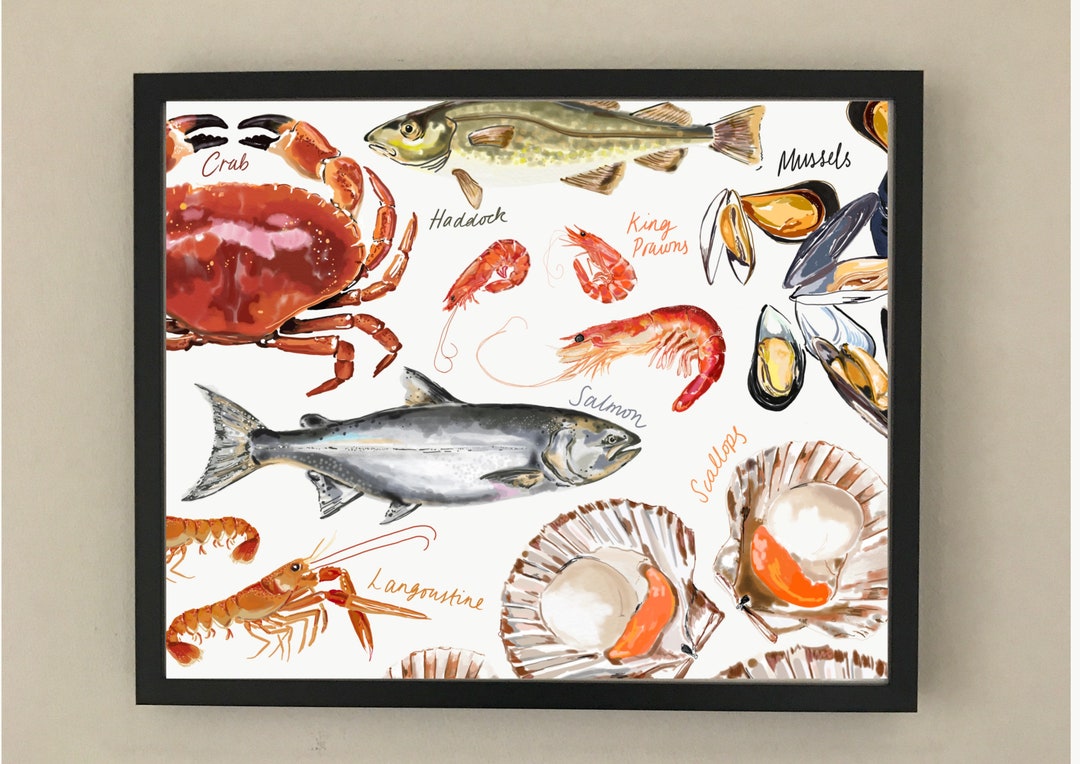 Illustrated Seafood Print Fish Seafood Illustration - Etsy