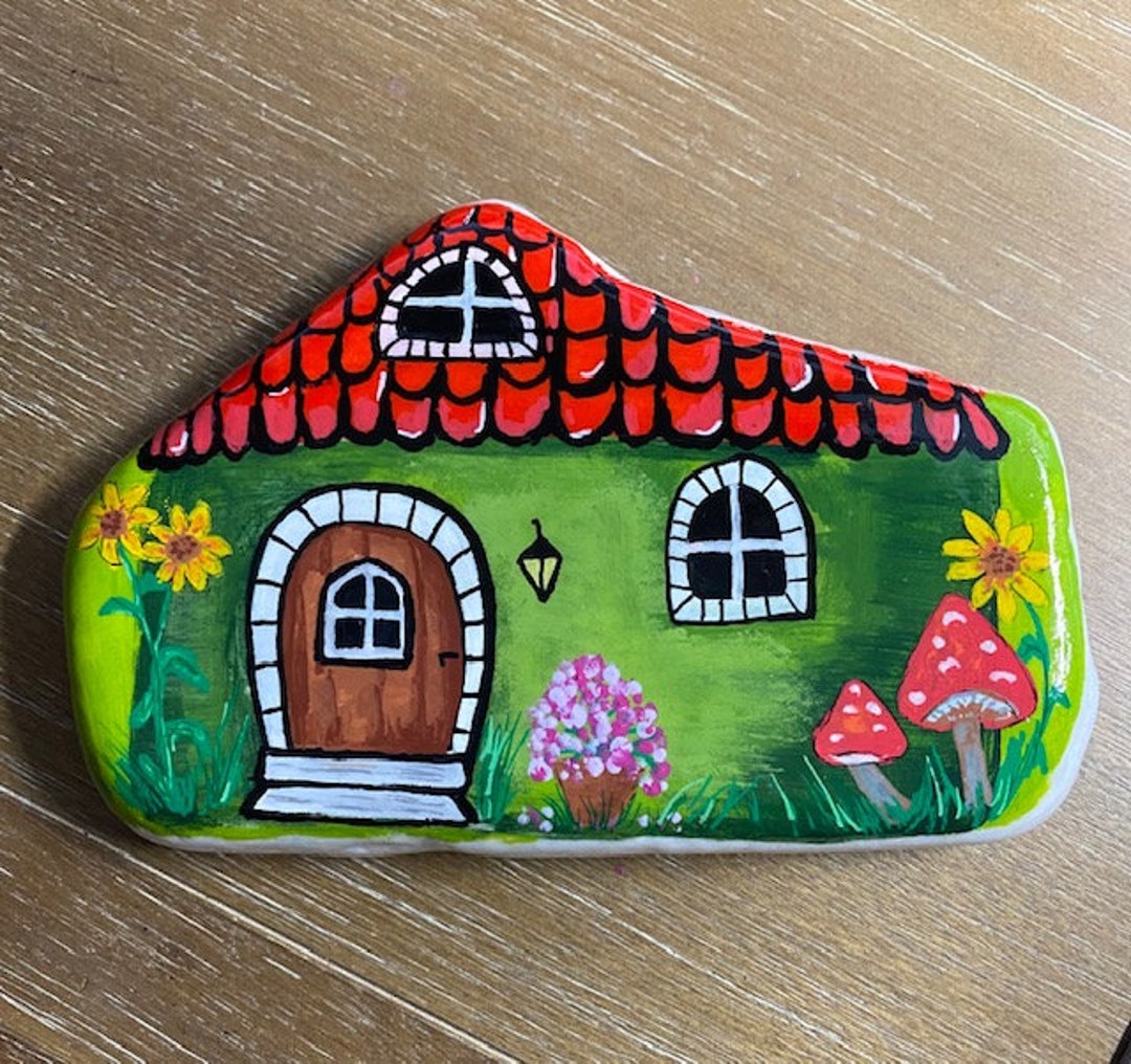 PAINTED ROCK of a Green Cottage on a Santorini Stone - Etsy
