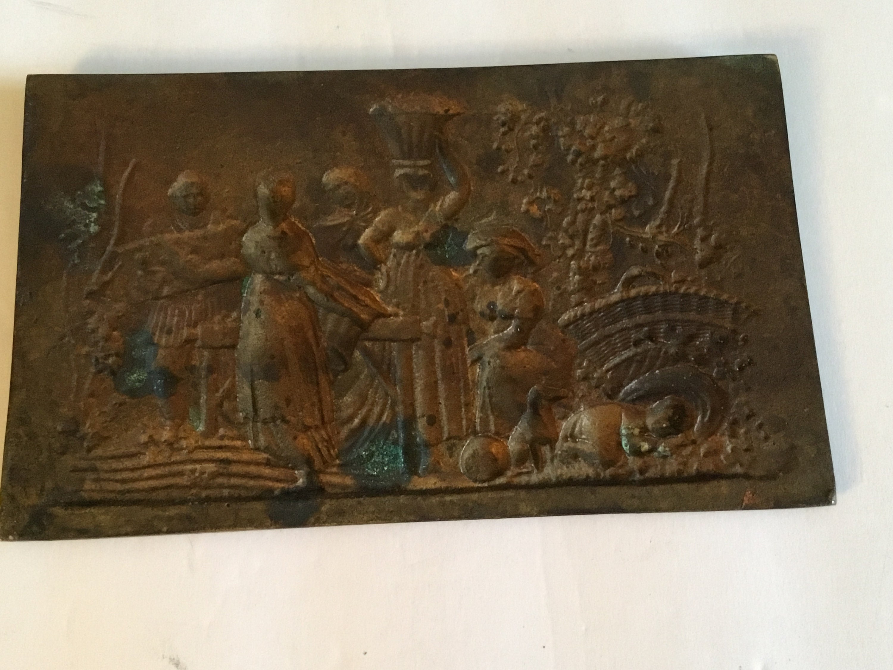Antique Solid Brass Repousse Plaque Romantic Grape Harvest Scene ...