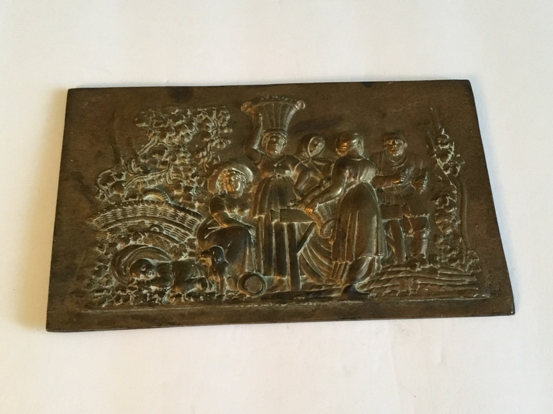 Antique Solid Brass Repousse Plaque Romantic Grape Harvest Scene ...