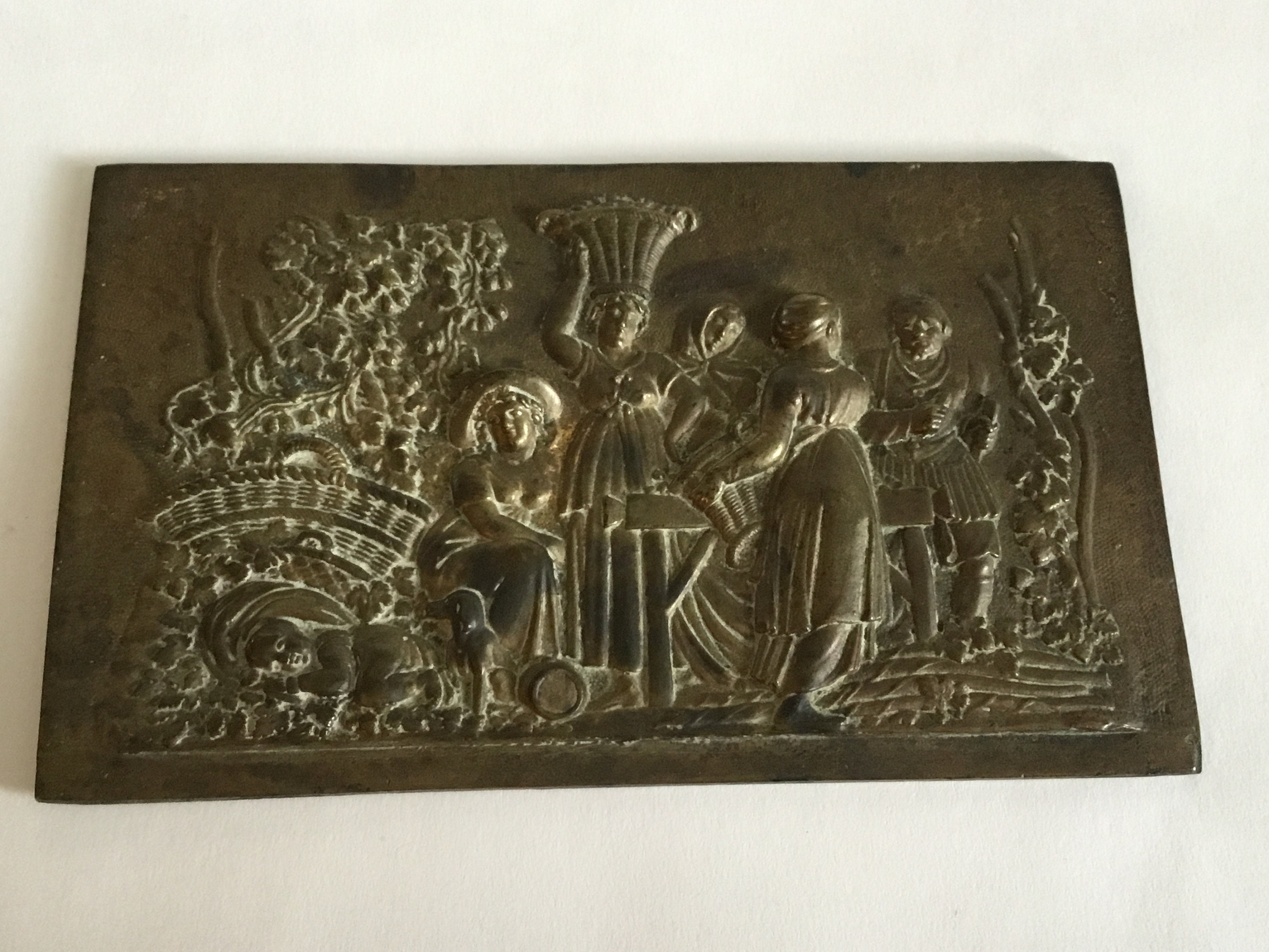 Antique Solid Brass Repousse Plaque Romantic Grape Harvest Scene ...