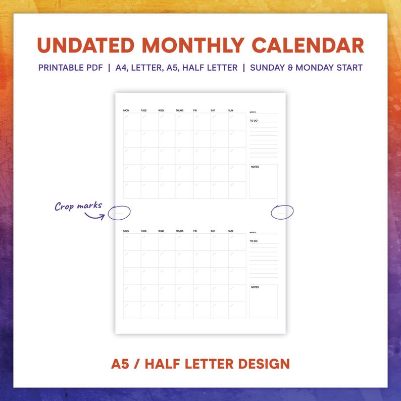 Undated Monthly Calendar, Printable, Landscape, Monthly Planner ...