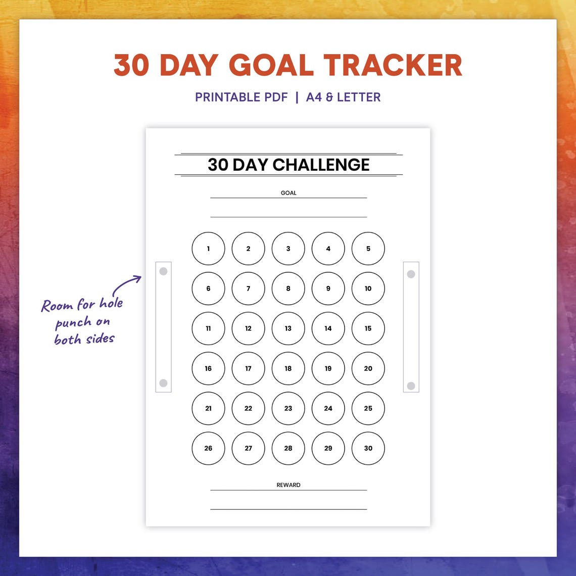 30 Day Goal Tracker, Printable, Portrait, Countdown, Monthly Goals ...