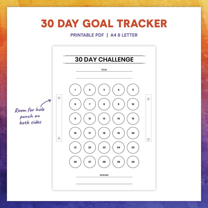 30 Day Goal Tracker, Printable, Portrait, Countdown, Monthly Goals ...