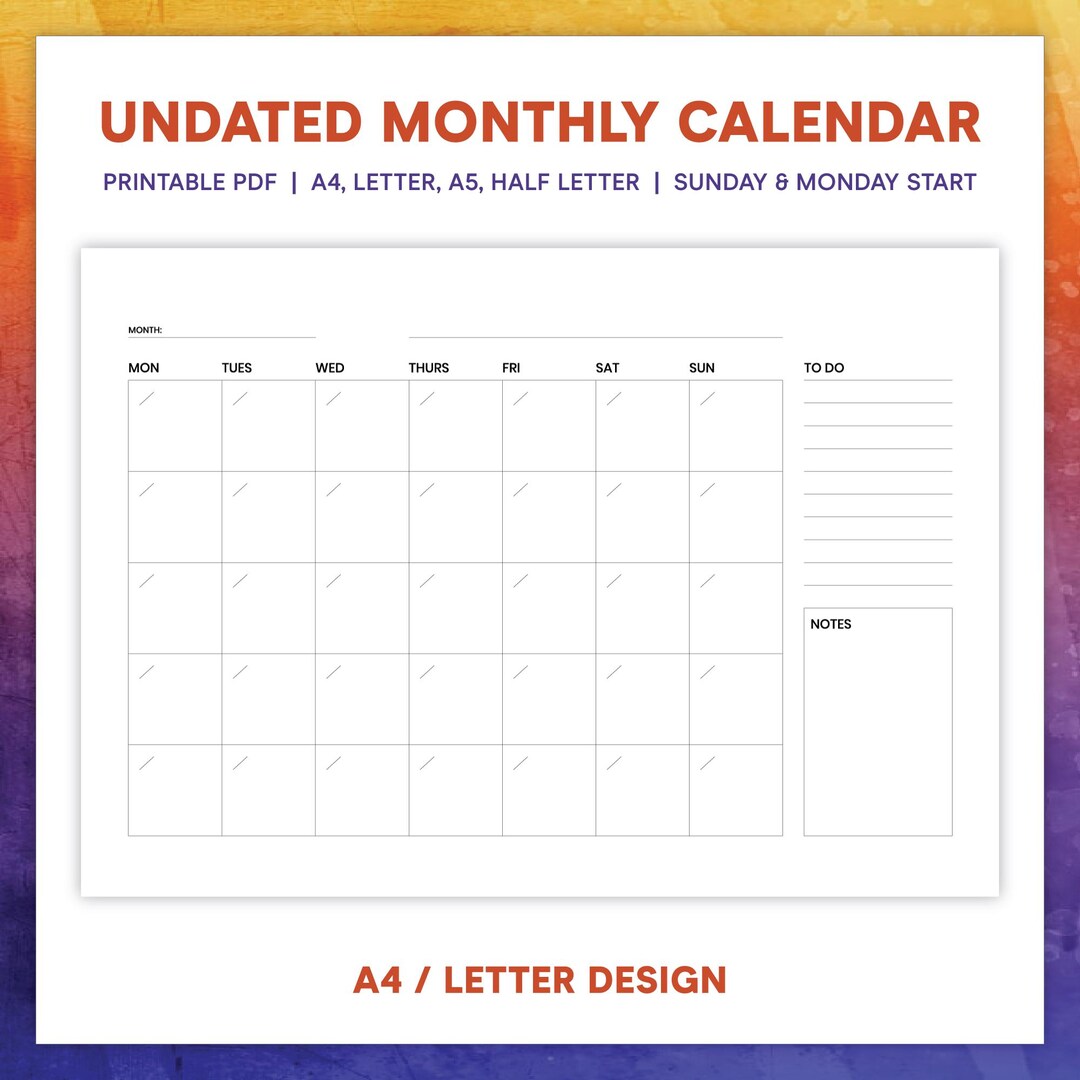 Undated Monthly Calendar, Printable, Landscape, Monthly Planner ...