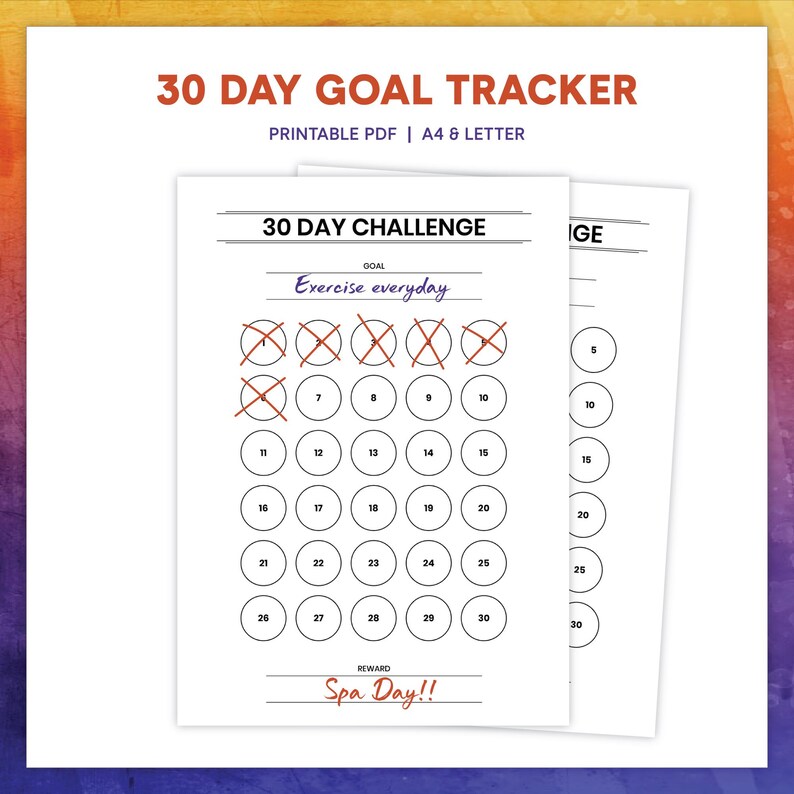 30 Day Goal Tracker, Printable, Portrait, Countdown, Monthly Goals ...