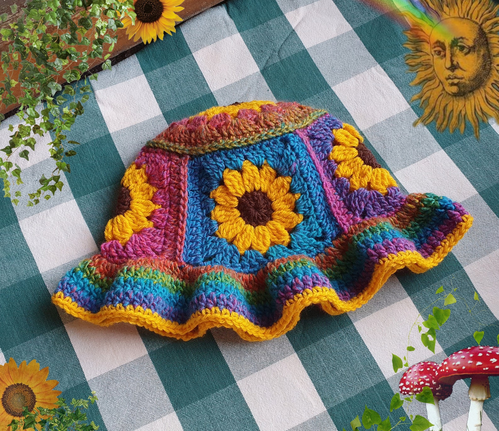 Psychedelic Sunflower Bucket Hat | Crochet | Flower Hat | Gardencore ...