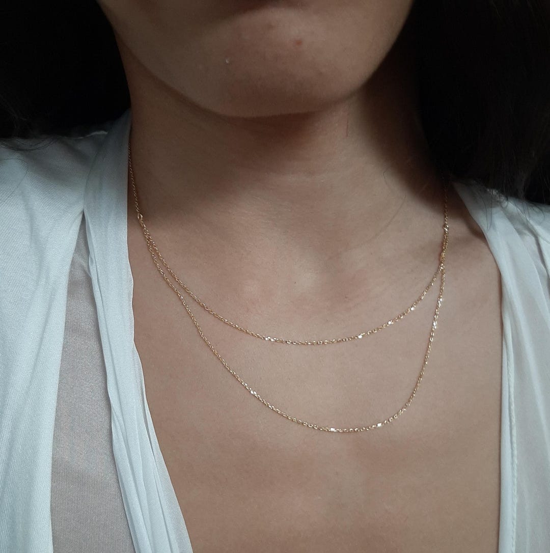 Thin Double Row Gold Chain Necklace, Minimalist Golden Necklace, 925 ...