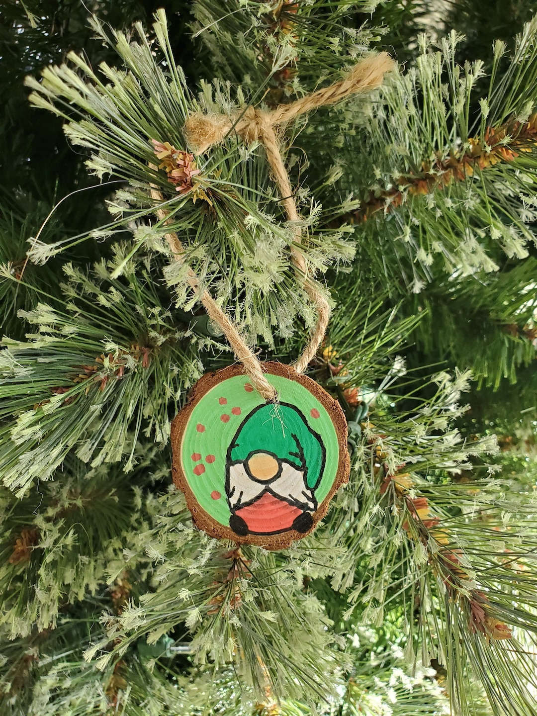 Festive Gnome Wooden Round Christmas Ornament / Rustic Wood Slice Hand ...