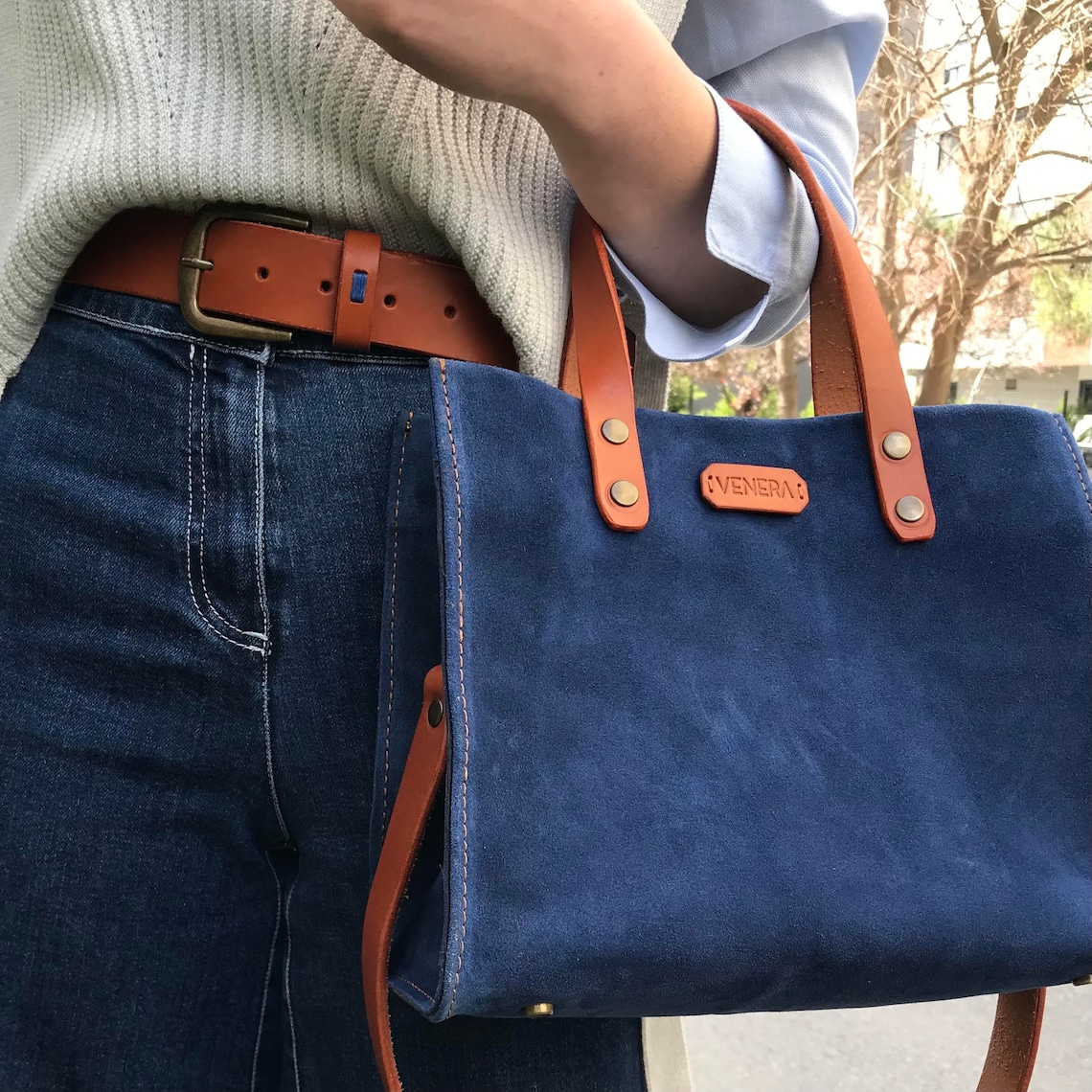 Suede Tote Bag, Leather Purse, Navy Blue Leather Handbag, Business Bag ...