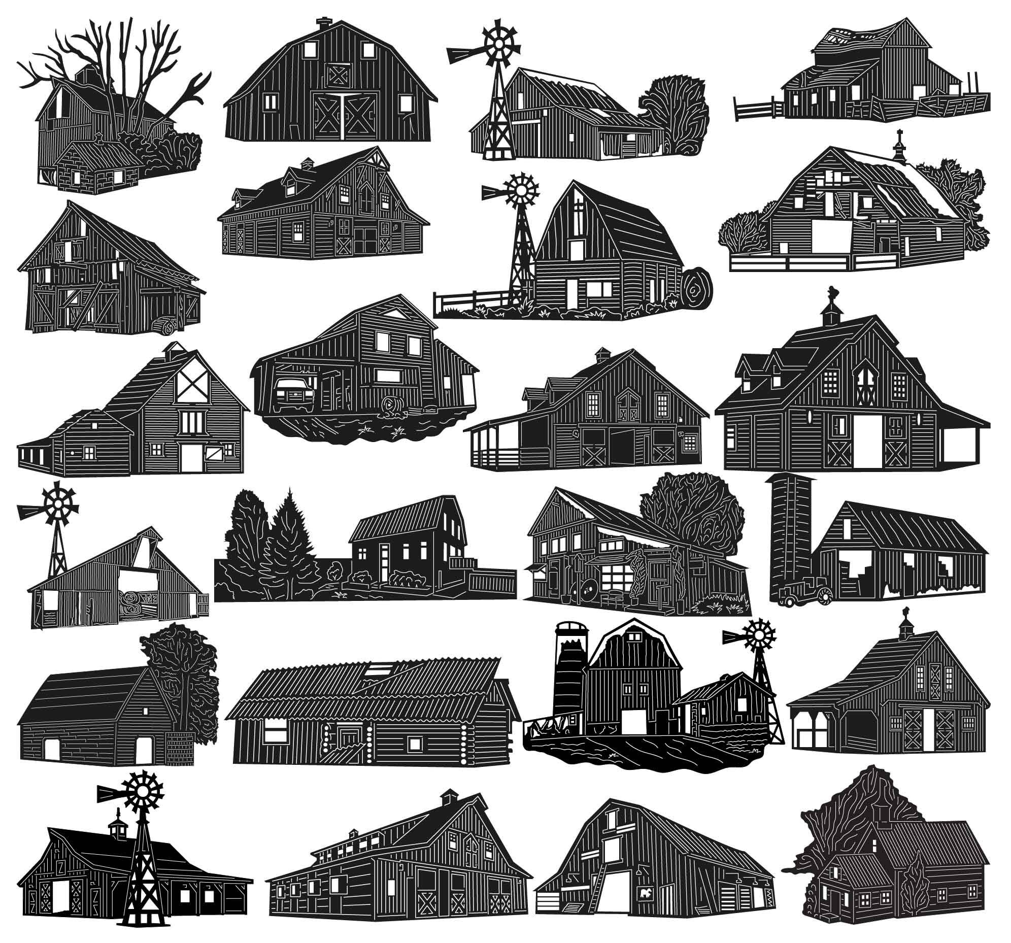 Old Barns Cottages Houses in Field-dxf Files and SVG Cut Ready for Cnc ...