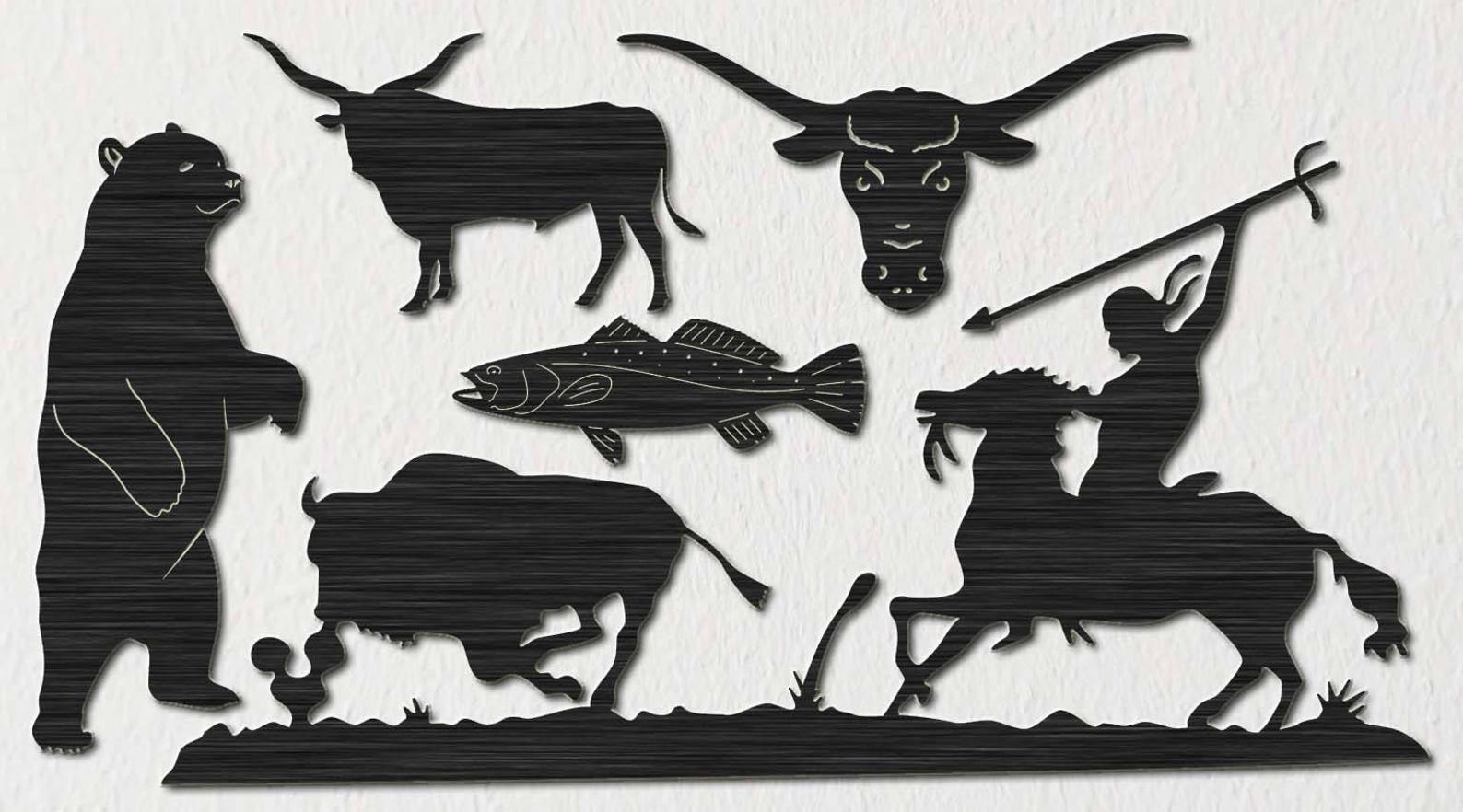 Hunting Scene, Fish Speckled Trout, Grizzly Bear Longhorn Face and Bull ...