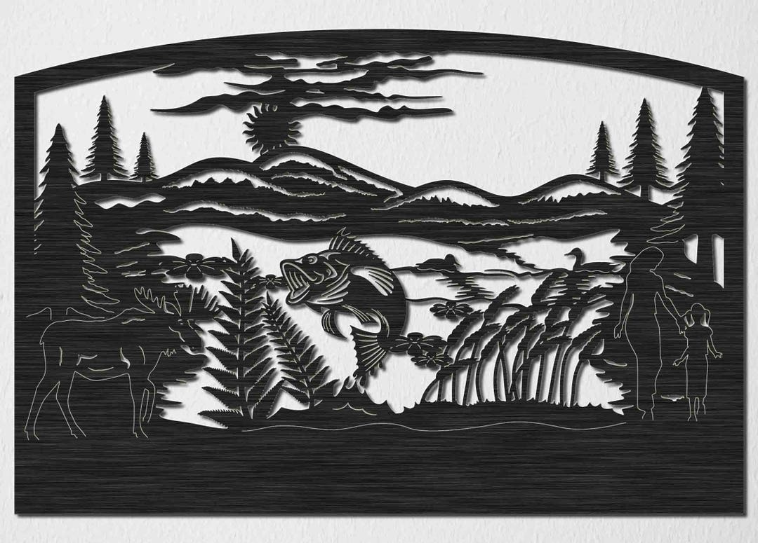 Lake Scene DXF File: Fish, Loons, Moose CNC Laser Cut - Etsy