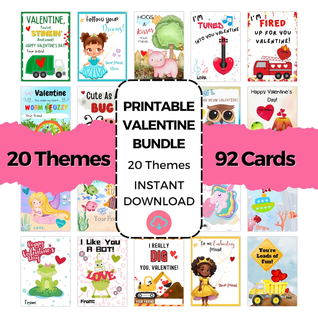 Printable Valentine's Day Cards Mega Bundle 92 Unique Designs for Kids ...