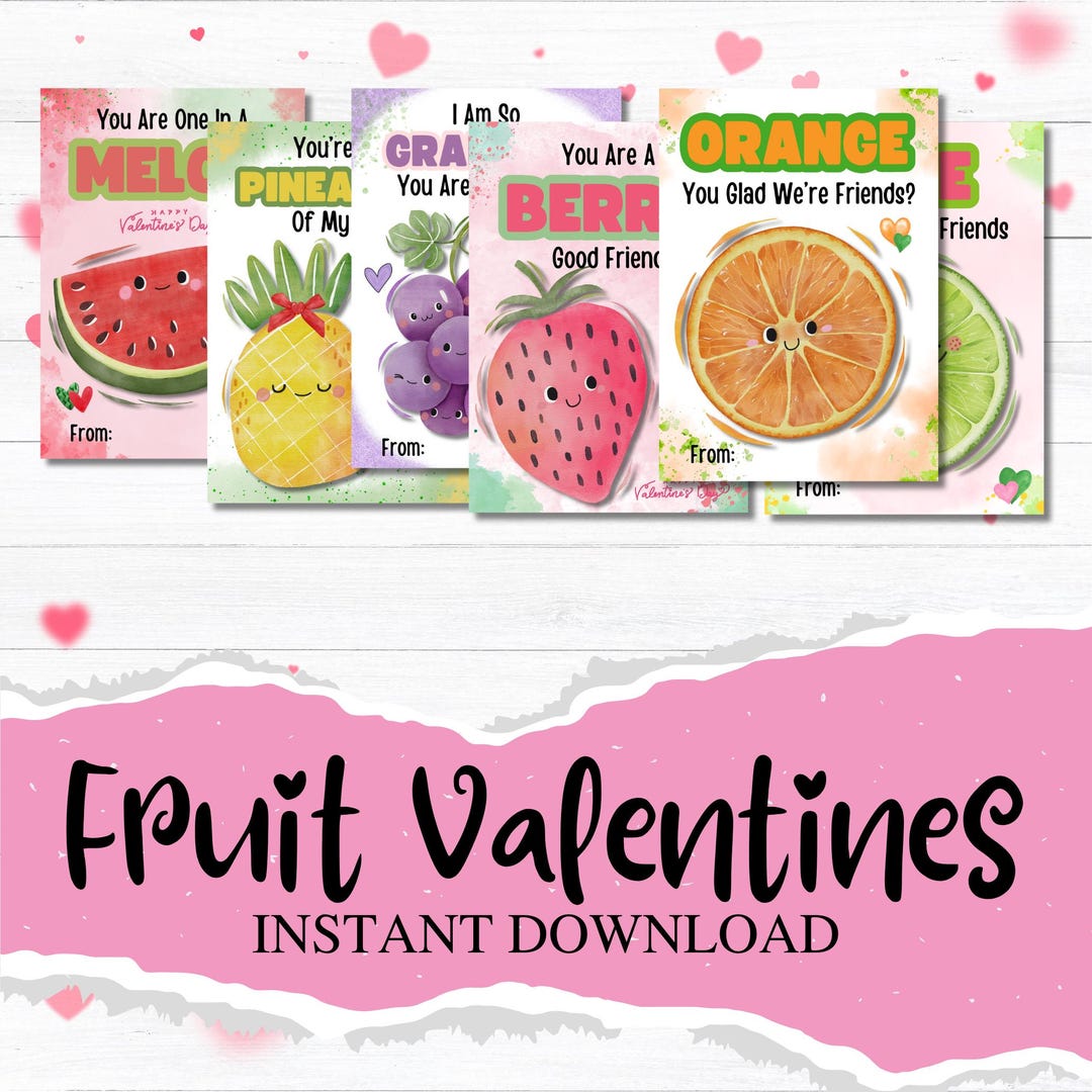 Fruit Valentine's Day Cards: Kids Classroom Printable (JPG, PDF Digital ...