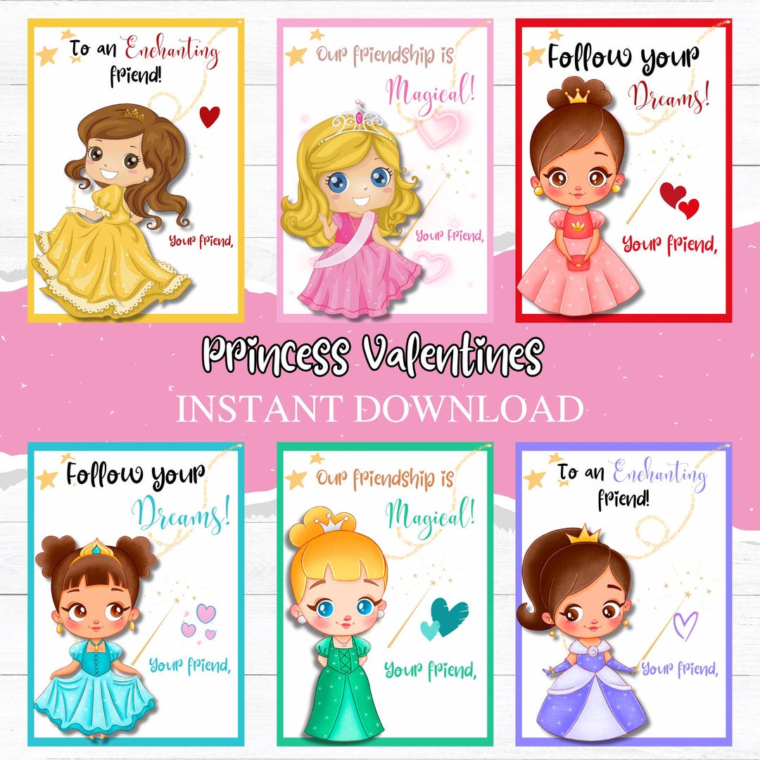 Printable Princess Valentine's Day Cards - Kids Class Valentine Cards ...