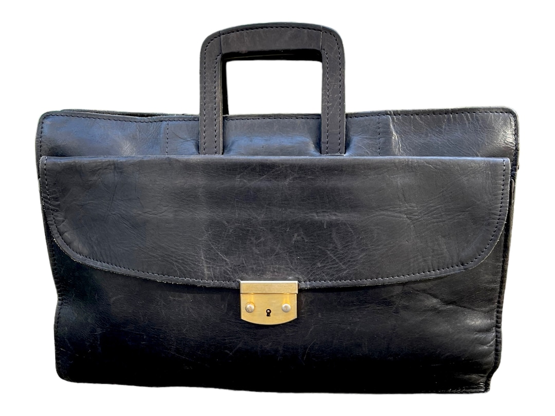 Vintage 1980s, Black Leather Briefcase With Two Pockets on the Outside ...
