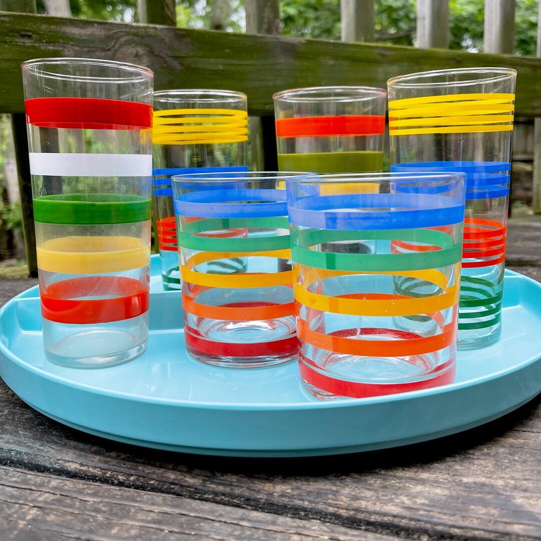 Set of Six 1960’s/70’s Vintage, Multicolored and Mod Stripped Glass ...