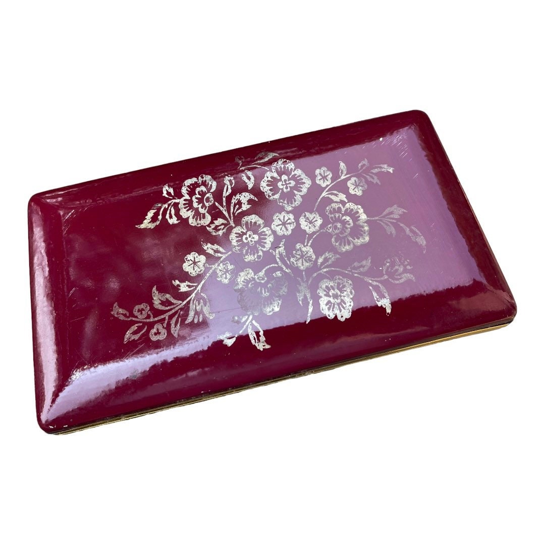 Vintage 1960s, Mid Century Maroon and Gold Edge, Floral Mele Ring Case ...