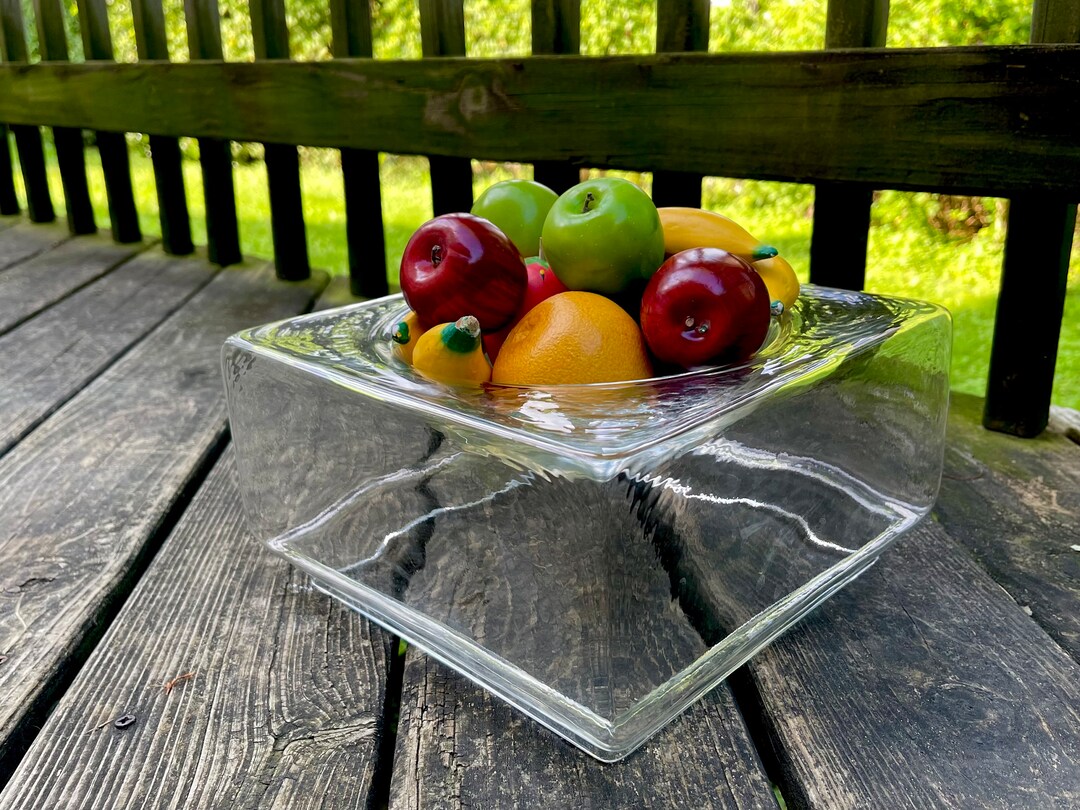 A Vintage Round, Clear Glass Bowl Housed in a Square, Clear Glass Base ...