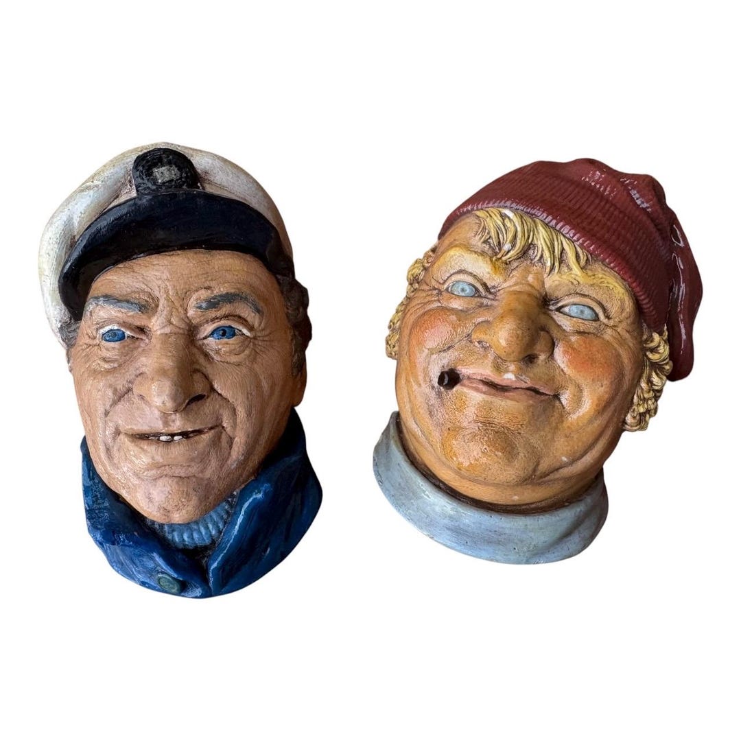 Two Vintage 1960’s Bosson Fisherman, Sailors Chalkware Head Figurines ...