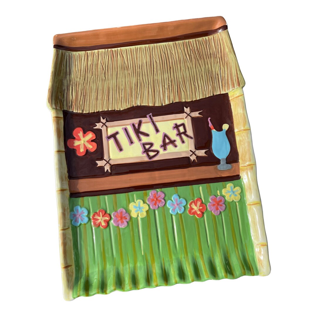 Large 2008 Glazed Ceramic Tiki Bar Serving Tray/platter in Bright and ...