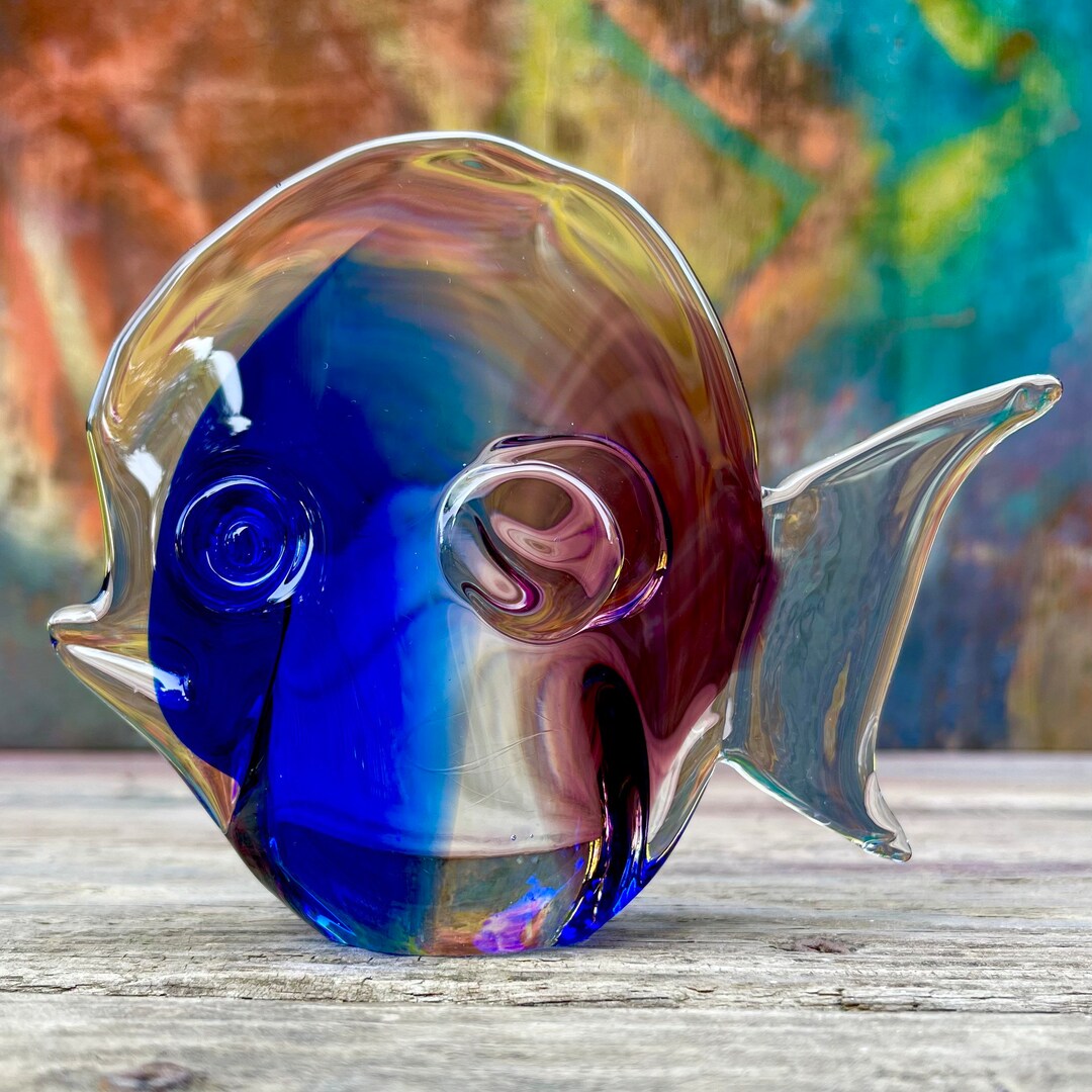 Vintage 1980s Heavy, Blown Clear Glass Fish Figurine, Blue and Maroon ...