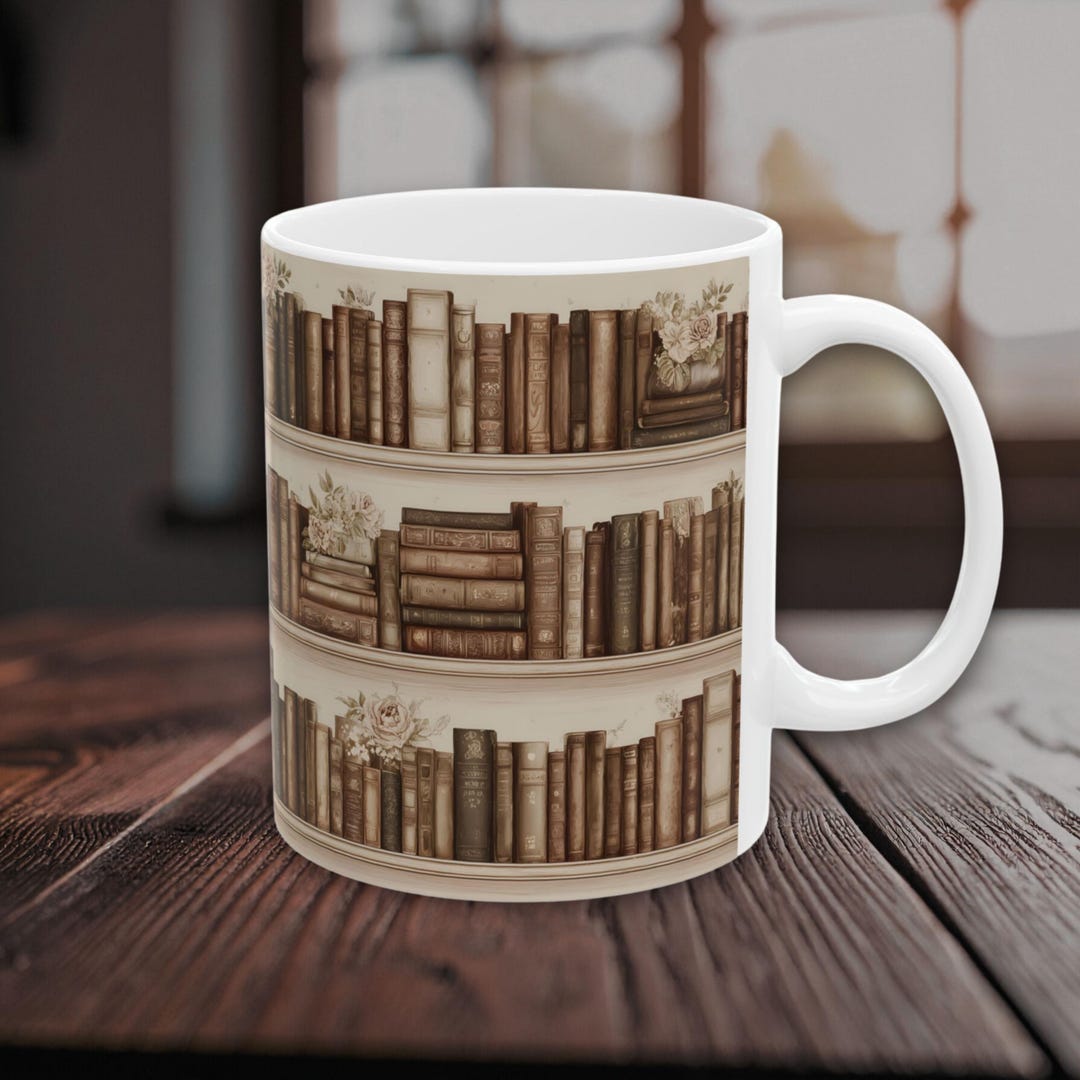 Bookshelf Mug, Cozy Reading Gift for Book Lovers, Floral Ceramic Coffee ...