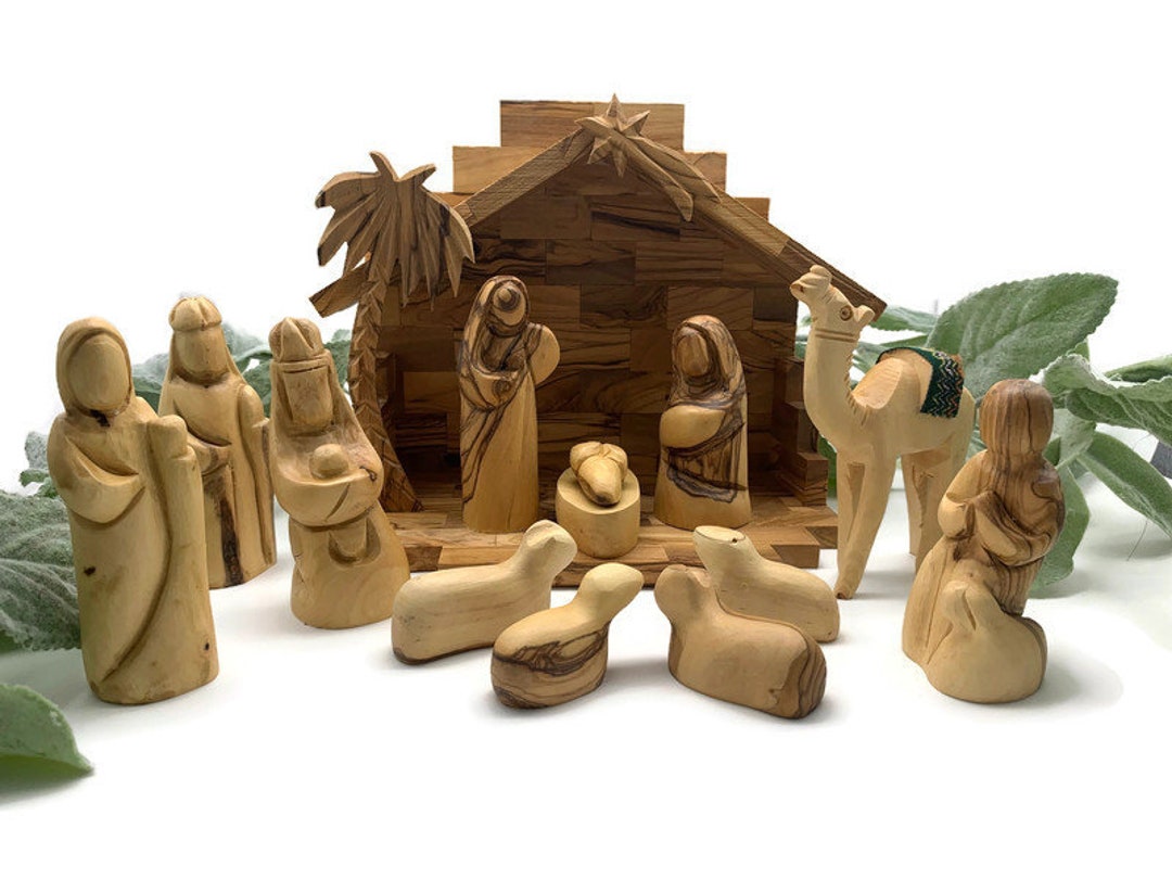 Olive Wood Nativity Set: Hand Carved Holy Family Scene , Wooden ...