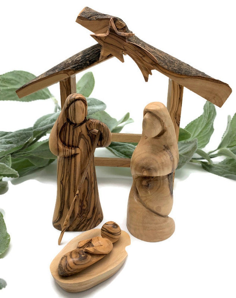 Olive Wood Nativity Set With Stable, Rustic Nativity Christmas ...
