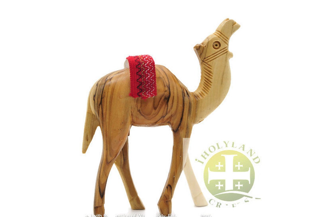 Olive Wood Camel Statue With Red Embroidery Saddle Carved in the Holy ...