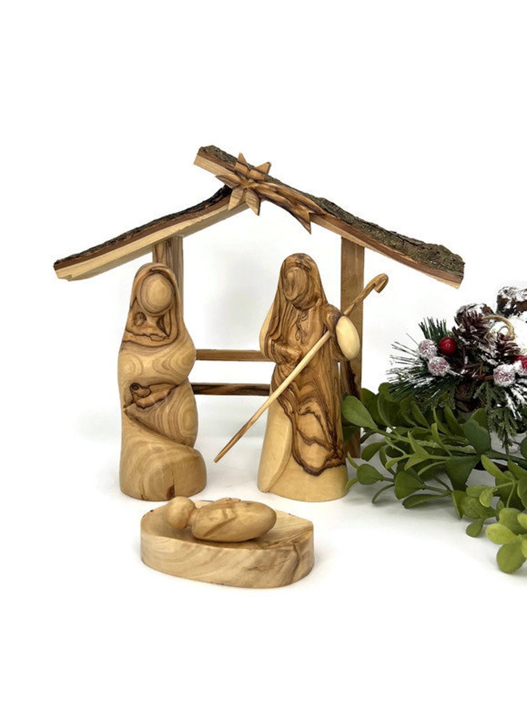 Olive Wood Nativity Set With Stable, Rustic Nativity Christmas ...