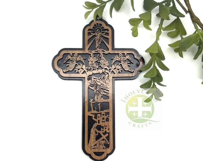 Crucifix Story of Jesus, Bronzed Woodgrain Resin Cross, Life of Christ ...