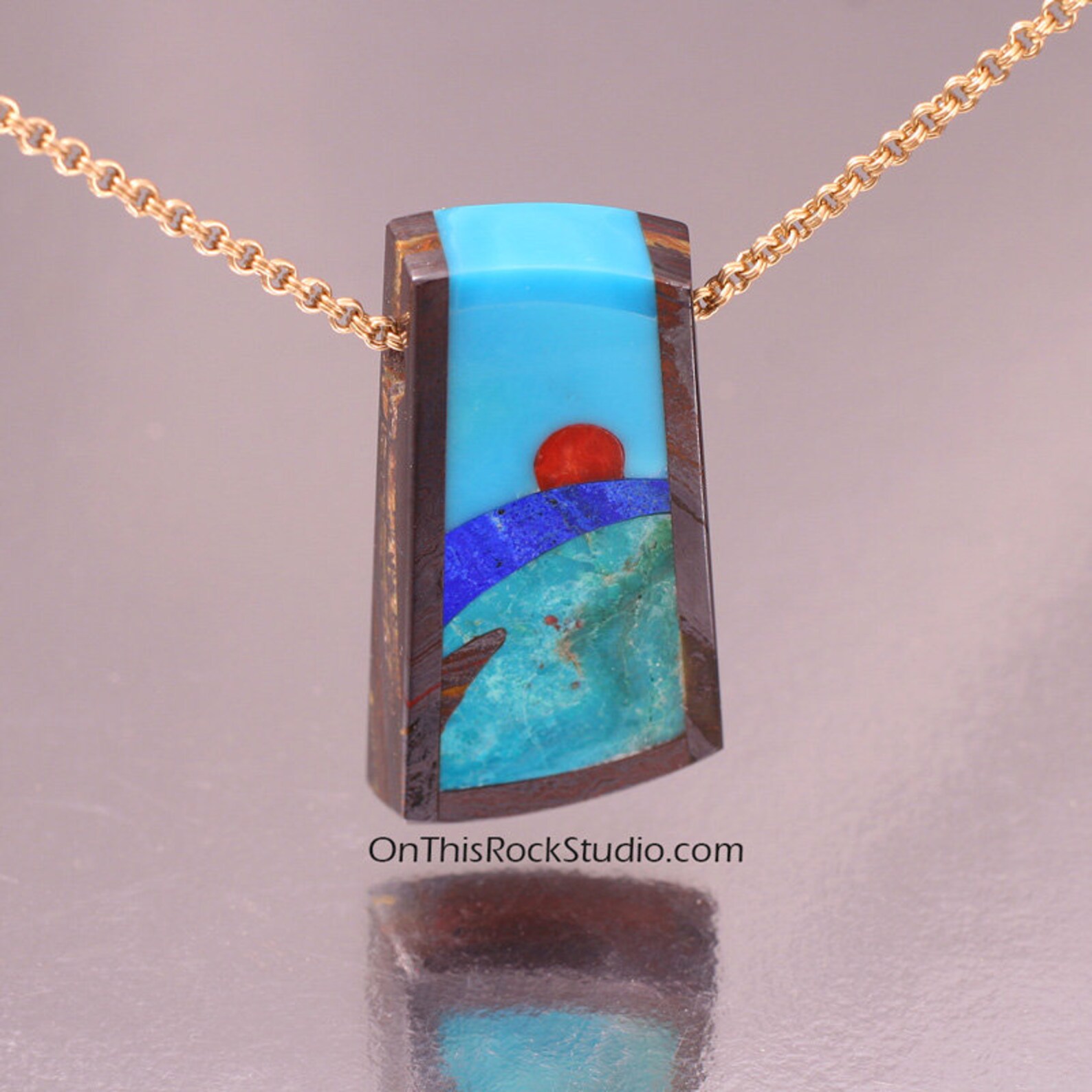 Scenic in Stone, Turquoise, Chrysocolla, Lapis, Coral, in a Tiger Iron ...