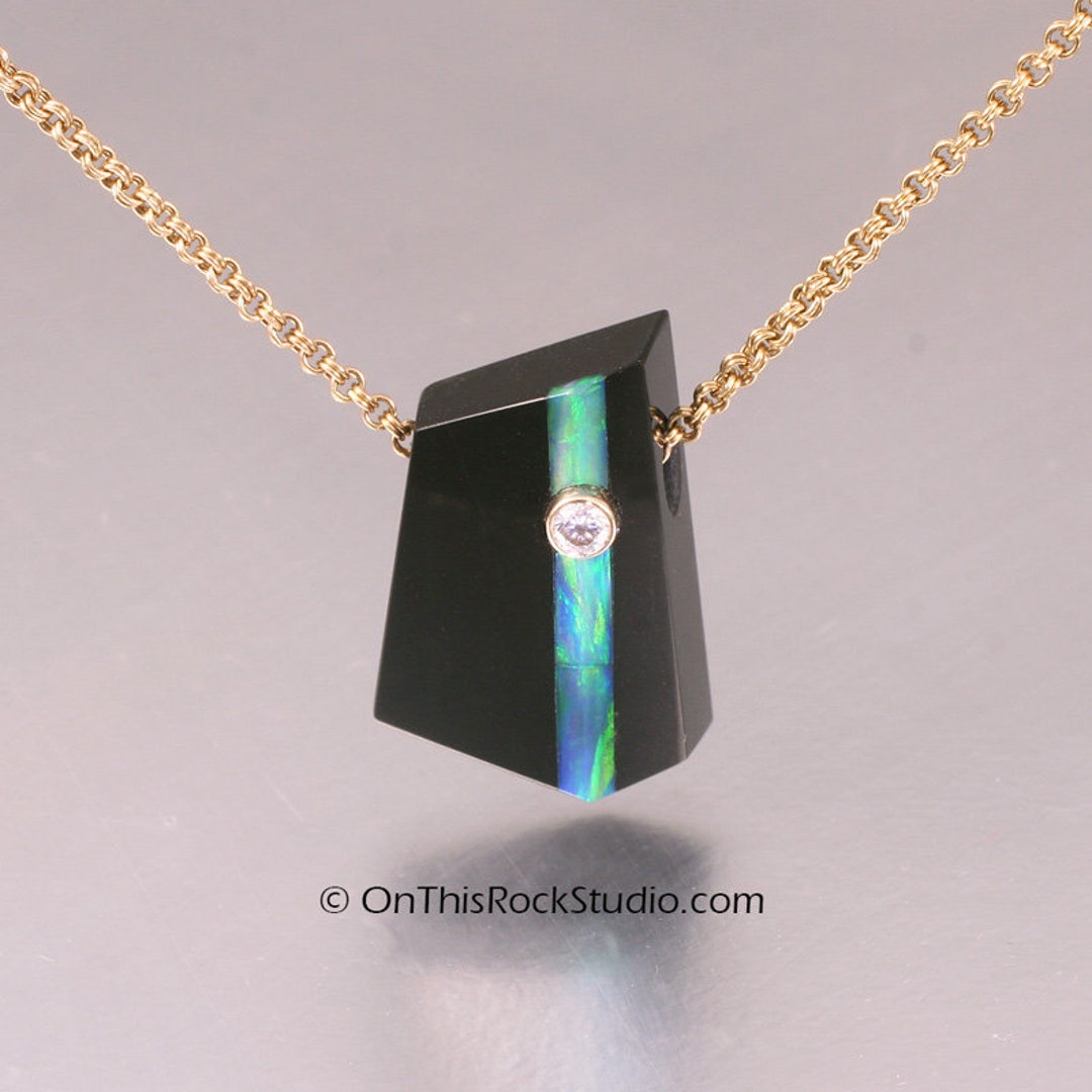 OPAL INLAY in Black Jade, Lapidary Pendant, Stone Intarsia, With White ...