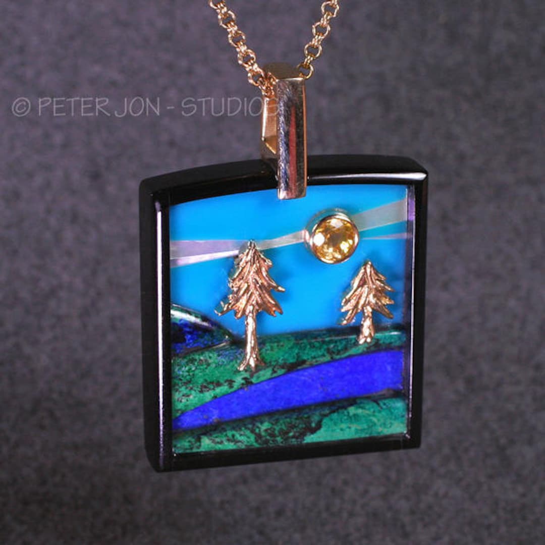 LANDSCAPE INTARSIA, Natural Stone Inlay, 14k Gold, Yellow Sapphire ...