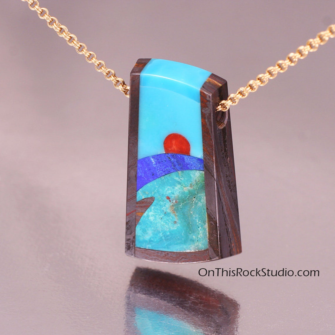 Scenic in Stone, Turquoise, Chrysocolla, Lapis, Coral, in a Tiger Iron ...