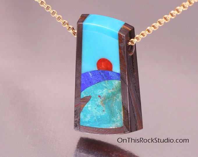 Scenic in Stone, Turquoise, Chrysocolla, Lapis, Coral, in a Tiger Iron ...