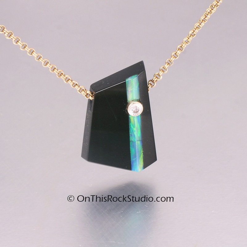 OPAL INLAY in Black Jade, Lapidary Pendant, Stone Intarsia, With White ...