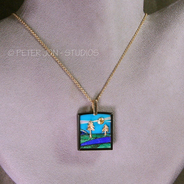 LANDSCAPE INTARSIA, Natural Stone Inlay, 14k Gold, Yellow Sapphire ...