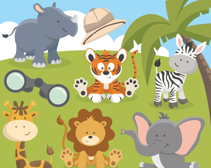 Safari Clipart,tiger,monkey,elephant,giraffe,zebra,lion,zoo,digital ...