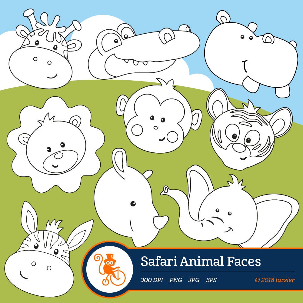 Safari Animal Faces Digital Stamp, Jungle Animals Faces Clipart ...