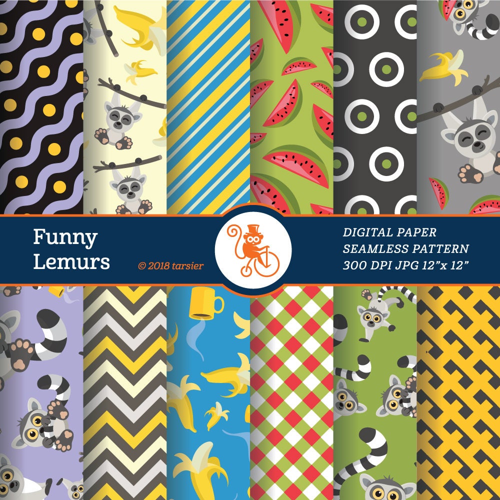 Funny Lemurs Digital Paper, Lemur and Fruit Background, Commercial Use ...