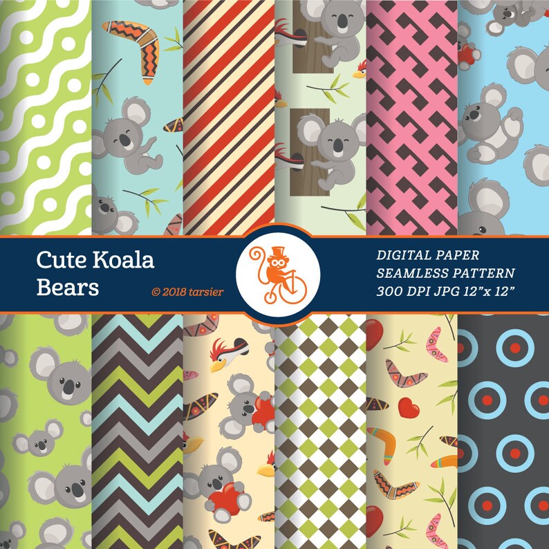 Cute Koala Bears Digital Paper, Animal Friends, Digital Images ...