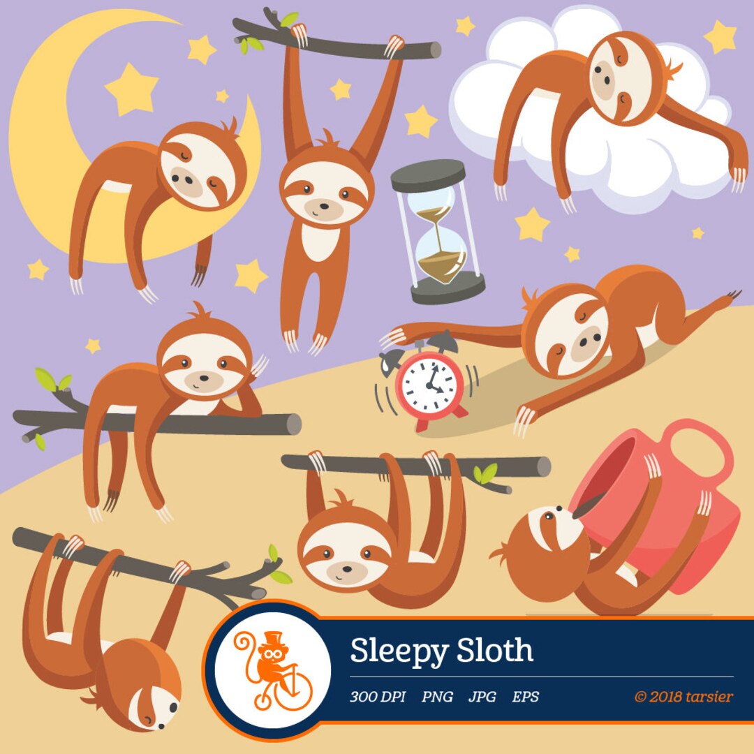 Sleepy Sloth Clipart, Bed Time Clipart, Sleeping Sloth Clipart, Animal ...
