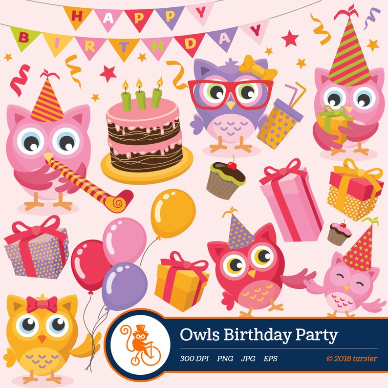 Owls Birthday Party Girl Clipart, Vector Graphics, Digital Clip Art ...