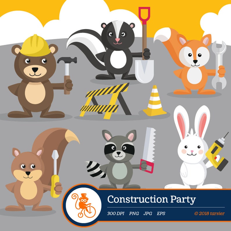 Construction Party Clipart, Woodland Animal, Vector, Graphics, Digital ...